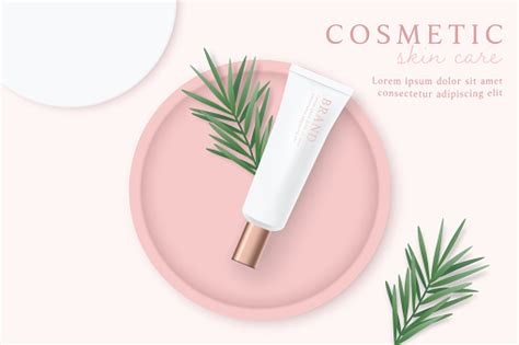 천연 화장품 및 스킨 케어 제품 광고 템플릿은 나뭇잎이 있는 분홍색 배경에 있습니다 3차원 형태에 대한 스톡 벡터 아트 및 기타 이미지 3차원 형태 공란 광고