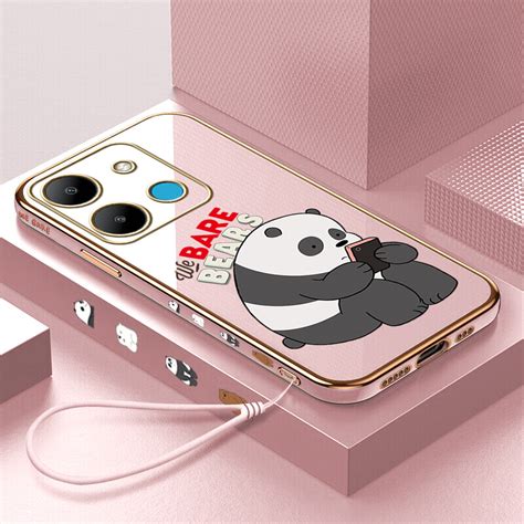 เคส Tecno Spark Go 2023 Tecno Pop 7 Pro เคสฟรีสายคล้อง การ์ตูนเราแพนด้าขอบสี่เหลี่ยมลวดลายชุบ