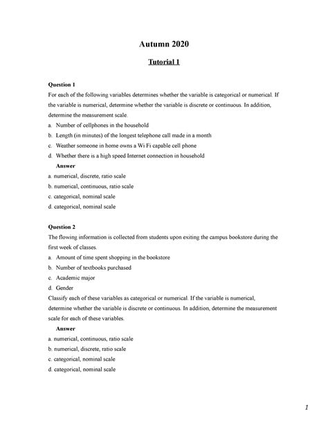 Tut 1 Q A Tut 1 Autumn 2020 Tutorial 1 Question 1 For Each Of The Following Variables