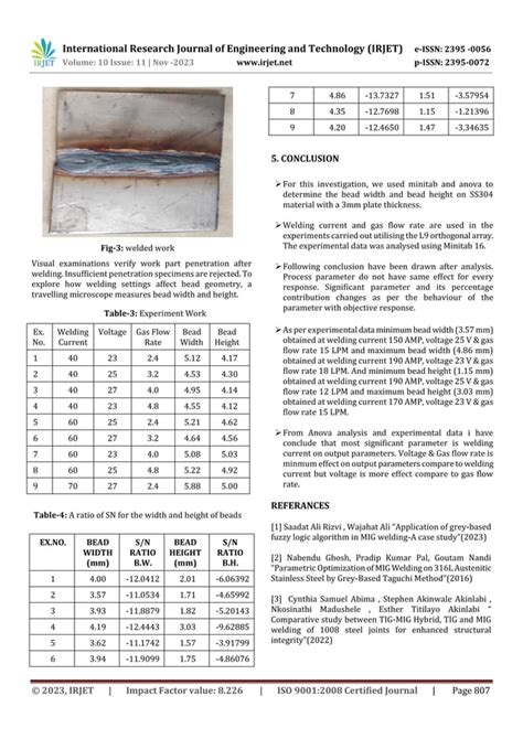 Experimental Investigation Of Welding Parameters For A Mig Welding With Ss304 By Using Taguchi