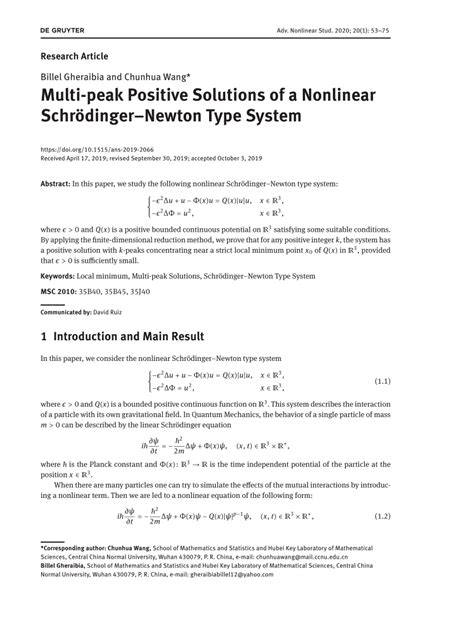 Pdf Multi Peak Positive Solutions Of A Nonlinear Schrödingernewton Type System
