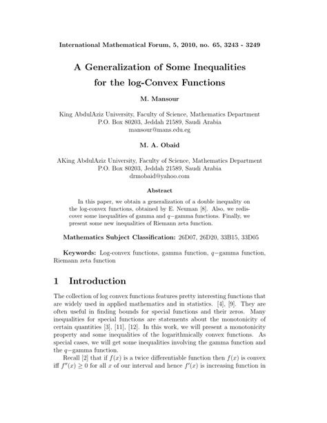 Pdf A Generalization Of Some Inequalities For The Log Convex Functions