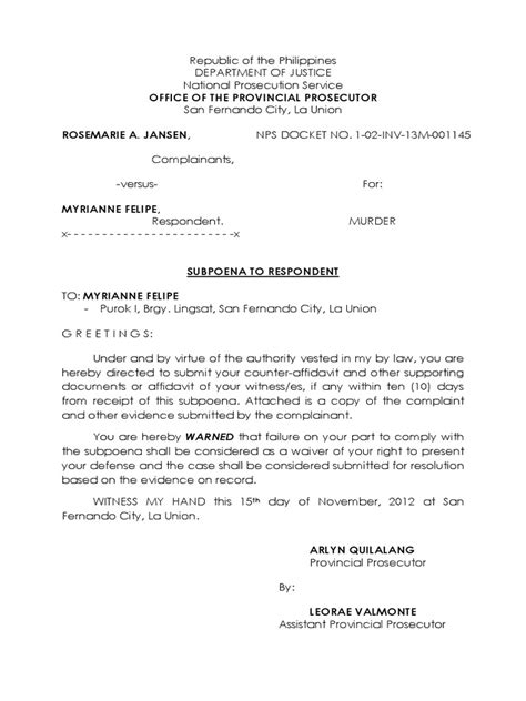 Subpoena To Respondent