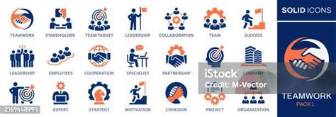 팀워크 아이콘 세트 협력 팀 목표 리더십 협업 등의 수집 벡터 일러스트 레이 션 어떤 색상으로도 쉽게 변경할 수 있습니다 아이콘에 대한 스톡 벡터 아트 및 기타 이미지