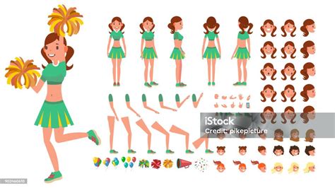 치 어 리더 여자 벡터입니다 애니메이션된 캐릭터 만들기 세트입니다 스포츠 팬 댄스 치 어 리더 여자입니다 전체 길이 전면 측면 후면 액세서리 포즈 감정 제스처를 얼굴 플랫