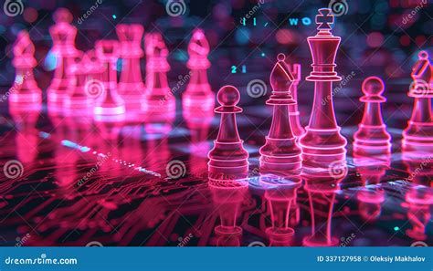 Chess Pieces On Board In Neon Lights Circuit Board Pattern And Binary