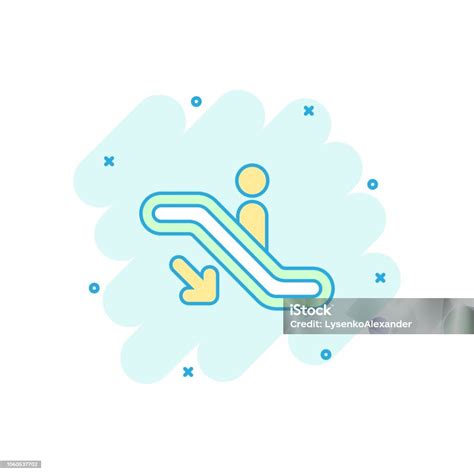 벡터 만화 스타일에서 만화 에스컬레이터 엘리베이터 아이콘입니다 스 컬 레이 터 기호 그림 그림 엘리베이터 비즈니스 스플래시 효과 개념입니다 아래로 이동에 대한 스톡 벡터