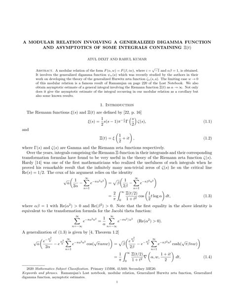 Pdf A Modular Relation Involving A Generalized Digamma Function And Asymptotics Of Some