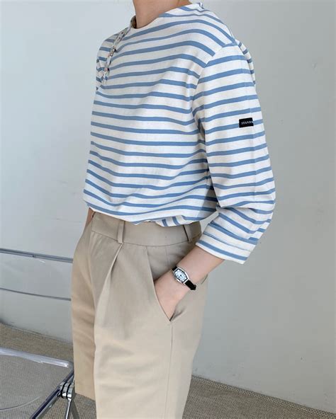 모스그레이 스탠다드 7부소매 스트라이프 단가라 티셔츠