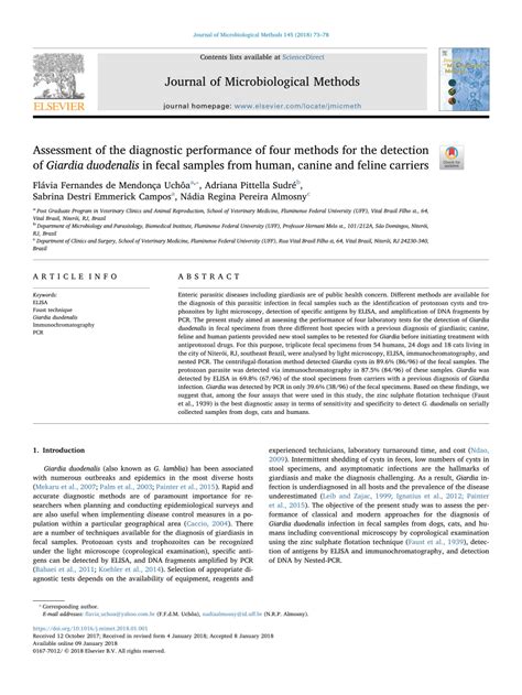 Pdf Assessment Of The Diagnostic Performance Of Four Methods For The Detection Of Giardia
