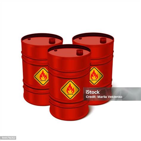 빨간색 배럴과 가연성 물질 표시로 설정하십시오 가스 연료 또는 가솔린이 들어있는 빨간 철 배럴 흰색 배경에 격리된 벡터 그림 유해 물질이 담긴 용기 3d 렌더링 배럴에 대한