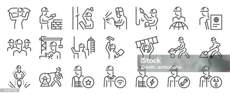 노동 아이콘 세트 여기에는 건설 작업자 엔지니어 건설 건물 및 기타 아이콘이 포함됩니다 편집 가능한 벡터 스트로크 아이콘에 대한 스톡 벡터 아트 및 기타 이미지 Istock