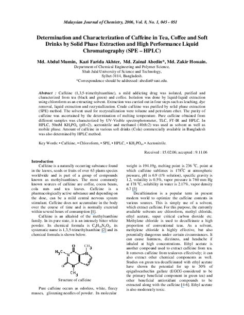 Pdf Determination And Characterization Of Caffeine In Tea Coffee And Soft Drinks By Solid