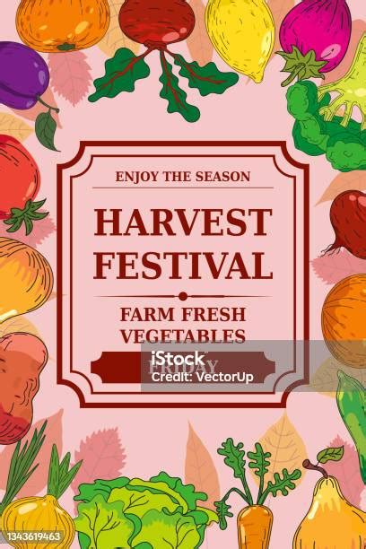 수확 축제 포스터 가을 과일과 야채 익은 육즙 손으로 그린 유기농 제품 가을 벡터 복고풍 빈티지 배너 일러스트 전단지 카드 10월에 대한 스톡 벡터 아트 및 기타 이미지