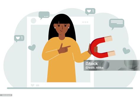 소셜 미디어 인플루언서 한 여성이 소셜 프로필 프레임에 자석을 들고 있습니다 다양한 아이콘 고객에 대한 스톡 벡터 아트 및 기타