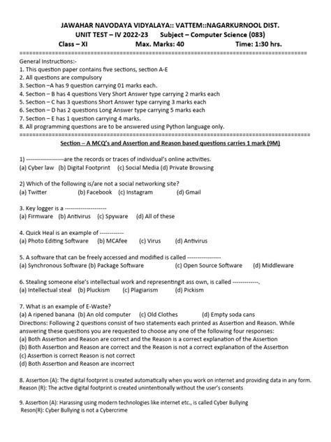 Xi Cs Ut Iv 2022 23 Qp Pdf Cybercrime Computer Science