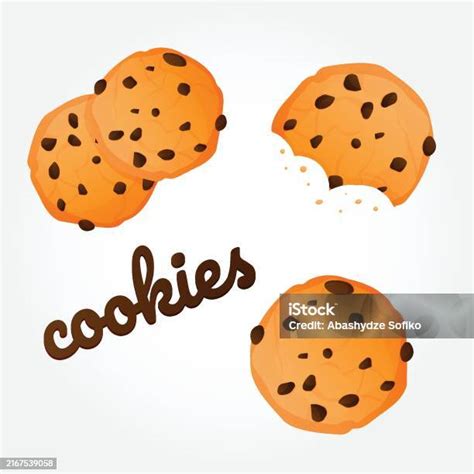 벡터 현실적인 만화 미국 쿠키 초콜릿 칩 부스러기가 있는 다양한 크기의 물고 깨진 미국식 쿠키 쿠키 세트 벡터 일러스트 레이 션 Eps 10 갈색에 대한 스톡 벡터 아트 및