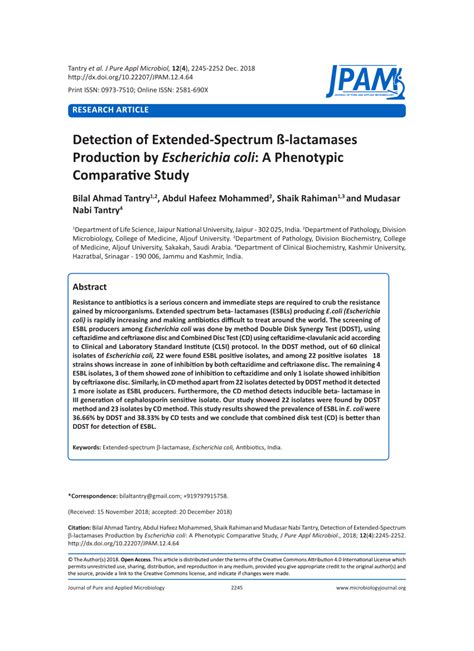 Pdf Detection Of Extended Spectrum ß Lactamases Production By Escherichia Coli A Phenotypic