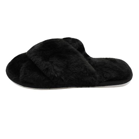 Nikta Fluffy Cross Faux Fur Black Slippers Open Toe Fuzzy Slides