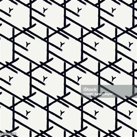 페인트 브러시 기하학적 이음새가 없는 패턴 예술적 손으로 그린 현대 인쇄물 리노컷 스타일 배경 그리드 장식품 트렌디 한 현대 지오 벽지 검은색에 대한 스톡 벡터 아트 및