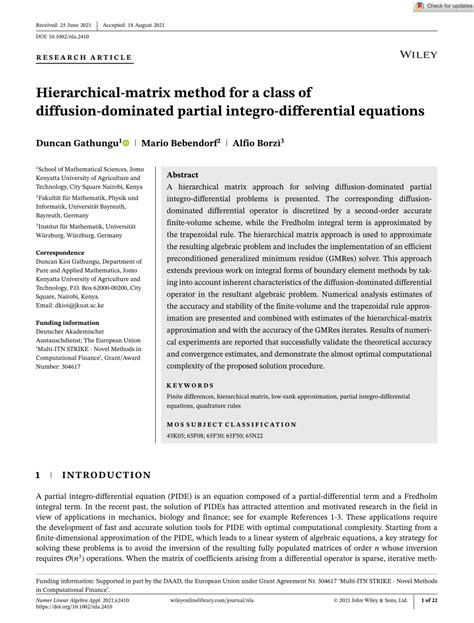 Pdf Hierarchical‐matrix Method For A Class Of Diffusion‐dominated Partial Integro‐differential