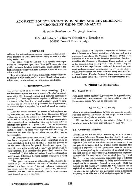 Pdf Acoustic Source Location In Noisy And Reverberant Environment Using Csp Analysis