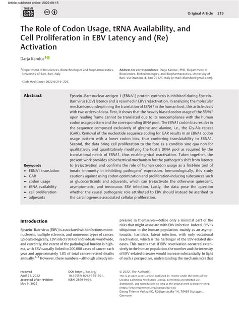 Pdf The Role Of Codon Usage Trna Availability And Cell Proliferation In Ebv Latency And Re