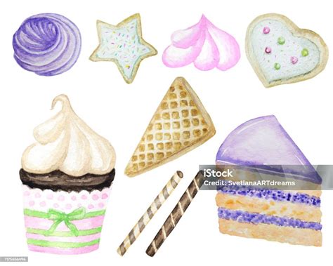 크림과 비스킷 와플 레이어 케이크와 컵 케이크의 조각과 과자 손으로 그린 사막의 세트 흰색 배경에 고립 된 수채화 맛있는 음식