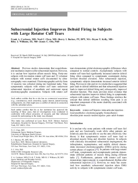 Pdf Subacromial Injection Improves Deltoid Firing In Subjects With Large Rotator Cuff Tears