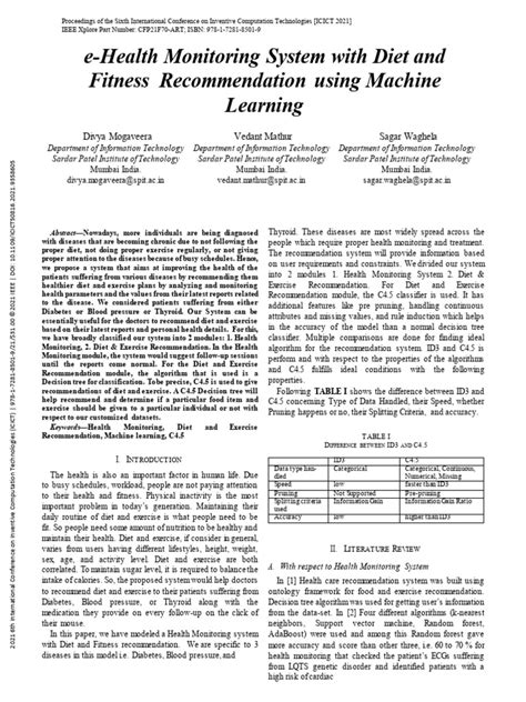 E Health Monitoring System With Diet And Fitness Recommendation Using Machine Learning Pdf