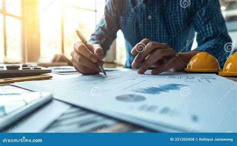 Engineer Reviewing Detailed Cost Benefit Analysis Report For Construction Project With Graphical