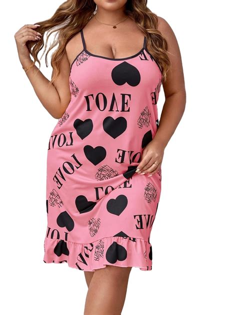Letter Print Round Neck Spaghetti Strap Slip Dress Sleeveless Pink Plus Size Nightgowns
