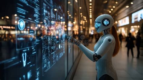 a futuristic ai powered humanoid robot interacting with a holographic