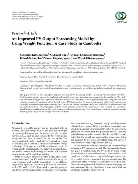 pdf an improved pv output forecasting model by using weight function