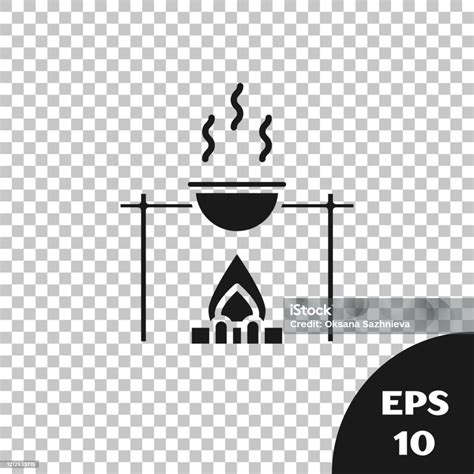 투명 한 배경에 격리 된 검은 캠프 파이어와 냄비 아이콘입니다 장작과 불꽃에 가마솥에서 화재 캠핑 요리 벡터 일러스트레이션 가마솥에 대한 스톡 벡터 아트 및 기타 이미지