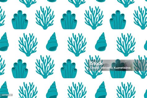 청록색 튜브 산호 해초 암초 가지가 있는 매끄러운 바다 패턴이 흰색에 깔끔하고 미니멀한 레이아웃 0명에 대한 스톡 벡터 아트 및 기타 이미지 Istock