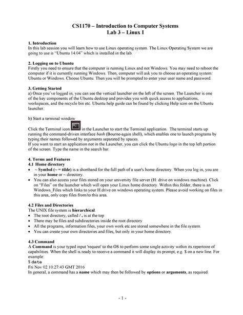 Cs1170 Lab3 Linux 1 Updated Cs1170 Introduction To Computer Systems