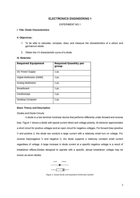 Experiment No 1 Diode Characteristics Electronics Engineering 1