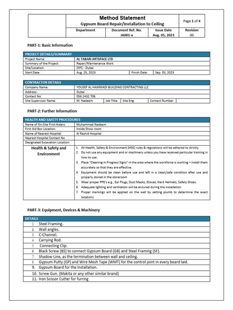 Method Statement Gypsum Pdf Drywall Materials