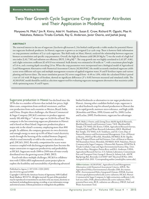 Pdf Two Year Growth Cycle Sugarcane Crop Parameter Attributes And Their Application In Modeling