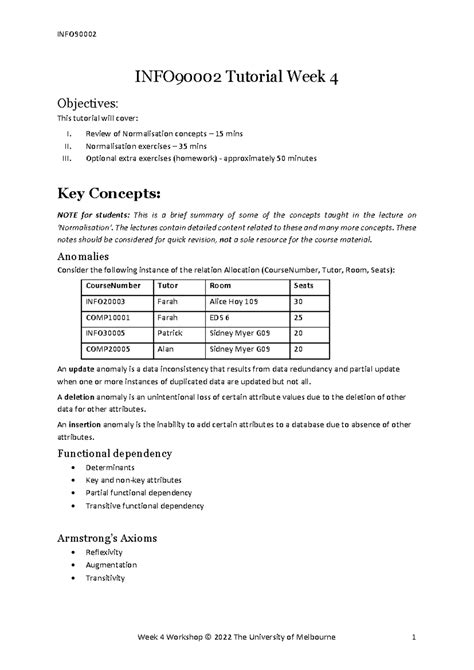 Week4 Tute Normalisation Info Week 4 Workshop © 2022 The University Of Melbourne 1 Info90002