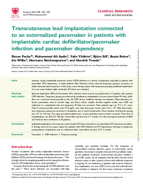 Pdf Transcutaneous Lead Implantation Connected To An Externalized Pacemaker In Patients With