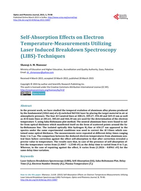 Pdf Self Absorption Effects On Electron Temperature Measurements Utilizing Laser Induced