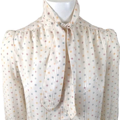Vintage 80s Pussy Bow Blouse Top Womens Medium Polka Gem