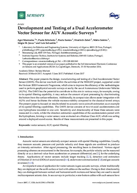 Pdf Development And Testing Of A Dual Accelerometer Vector Sensor For Auv Acoustic Surveys