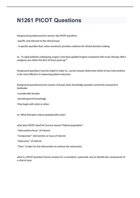 N PICOT Practice Questions With Correct Answers PICOT Stuvia US