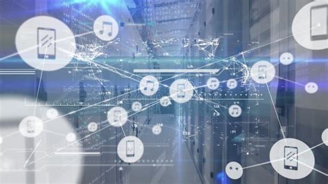 Animation Of Network Of Connections With Icons Over Server Room And Data Processing Stock