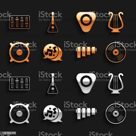 음표 음색 고대 거문고 비닐 디스크 팬 플루트 스테레오 스피커 기타 픽 사운드 믹서 컨트롤러 및 아이콘을 설정합니다 벡터 검은색에 대한 스톡 벡터 아트 및 기타 이미지