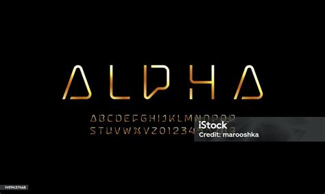 테크니컬 폰트 디지털 골든 알파벳 A부터 Z까지의 트렌디한 대문자 라틴 문자 0에서 9까지의 아라비아 숫자 벡터 일러스트레이션 10eps 가상현실에 대한 스톡 벡터 아트 및