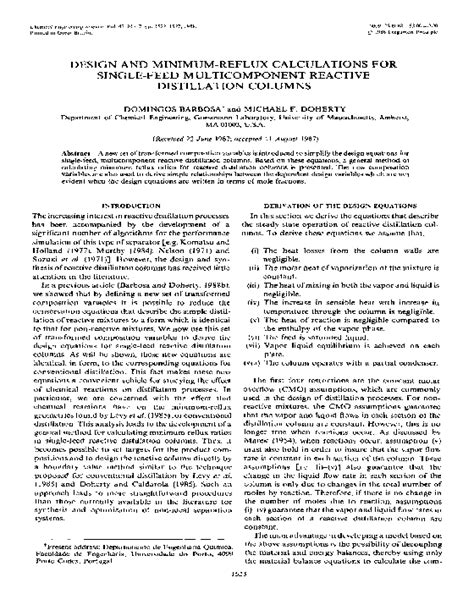 Pdf Design And Minimum Reflux Calculations For Single Feed Multicomponent Reactive